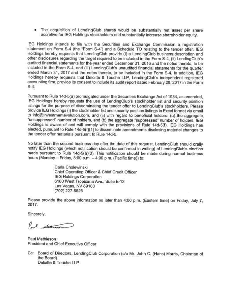 Here Is The Letter IEG Holdings Sent To LendingClub Board Announcing ...