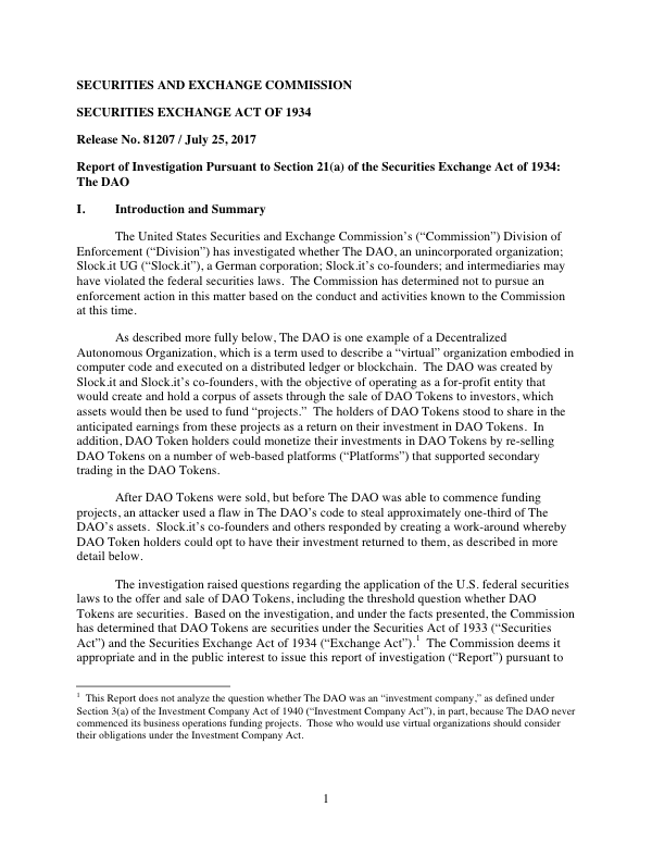DAO: Here Is The SEC Investigative Report On ICOs That Will Squelch ...